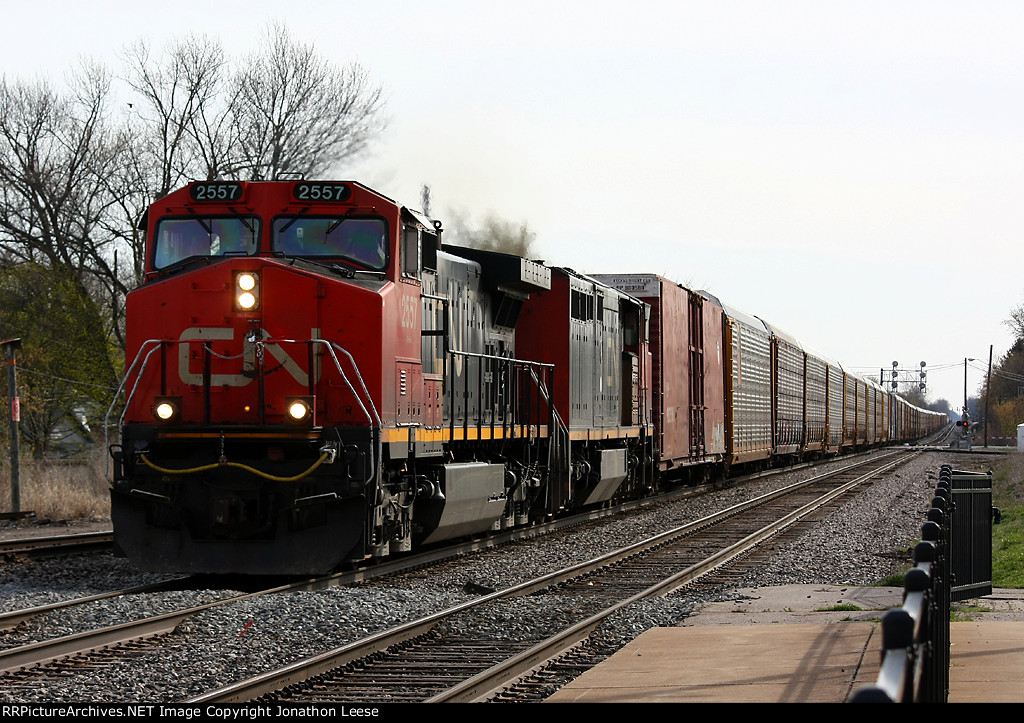 CN 2557 leads a westbound of mostly autoracks